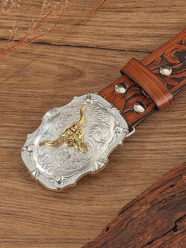 Men's Embossed Faux Leather Western Cowboy Belt with Bull Head Buckle ...