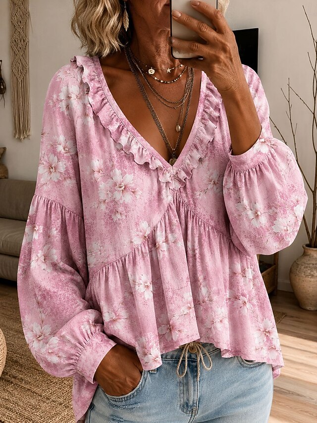 Women's Shirt Tunic Ruffle Floral Graphic Elegant Fashion Daily Long ...