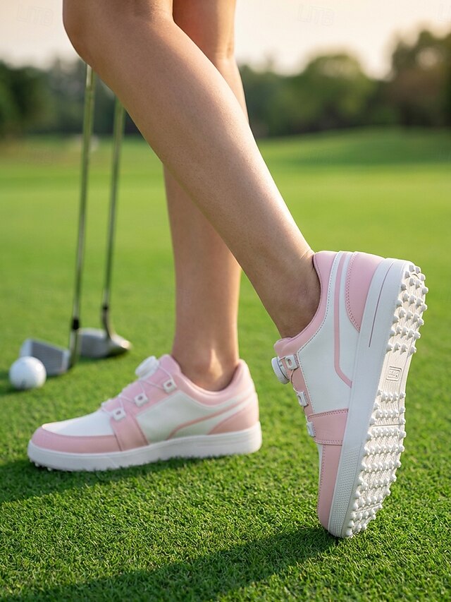 Women's Pink White Spikeless Golf Shoes with Quick Twist Dial Closure ...