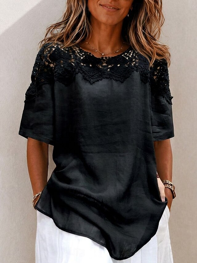 Women's Lace Splicing Top Lace Patchwork Elegant Crew Neck Long Tops ...