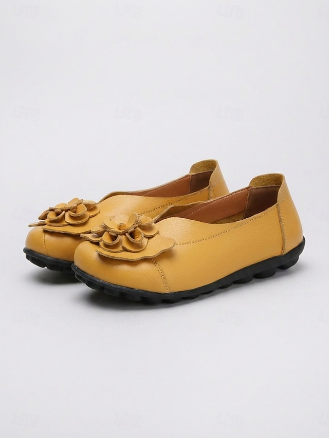 Women's Yellow Floral Ballet Flats – Soft Slip-On Comfort Shoes with 3D ...