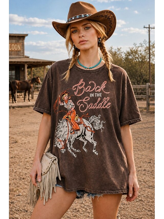 Women's 100% Washed Cotton T Shirt Vintage Print Graphic Letter Vintage ...