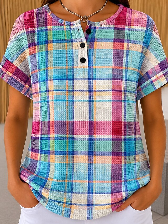 Women's T Shirt Color Block Print Graphic Geometric Plaid Vintage ...