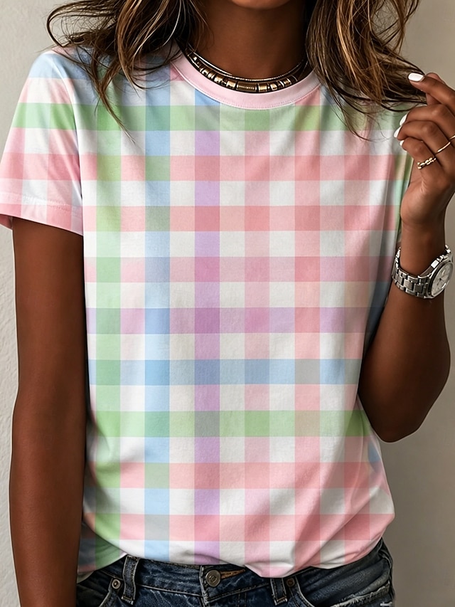 Women's T Shirt Print Graphic Plaid Vintage Stylish Casual Short Sleeve ...