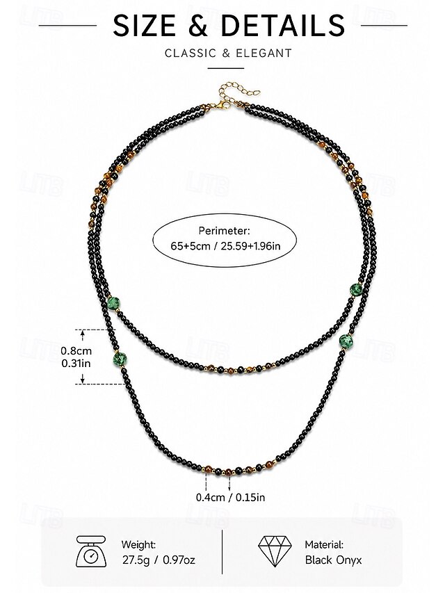Men's Double Layer Natural Black Agate Beaded Necklace, Bohemian ...