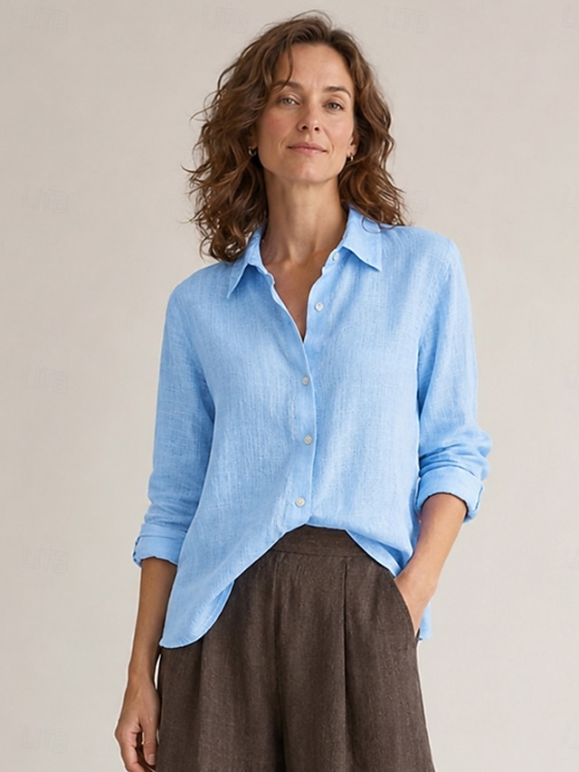 Women's 100% European Linen Long Sleeve Blouse Collared Solid Color ...