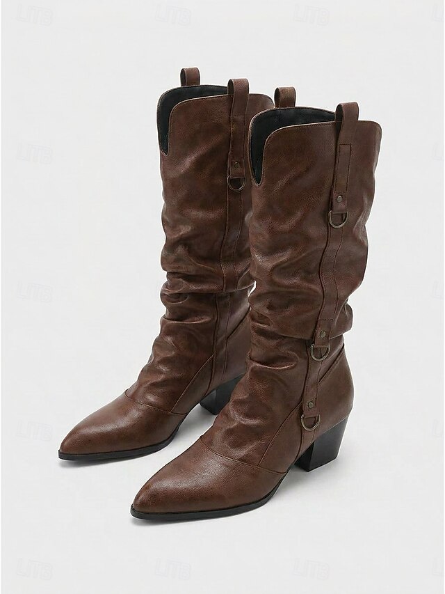 Women's Dark Brown Cowboy Boots - Slouchy Western Pointed Toe Chunky ...