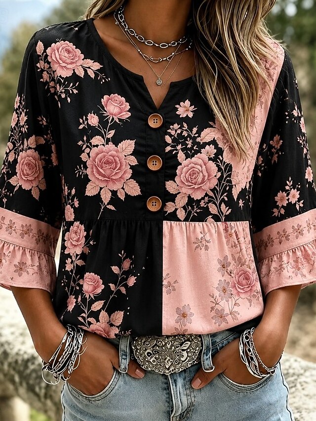 Women's Shirt Patchwork Buttons Print Ombre Floral Graphic Vintage ...
