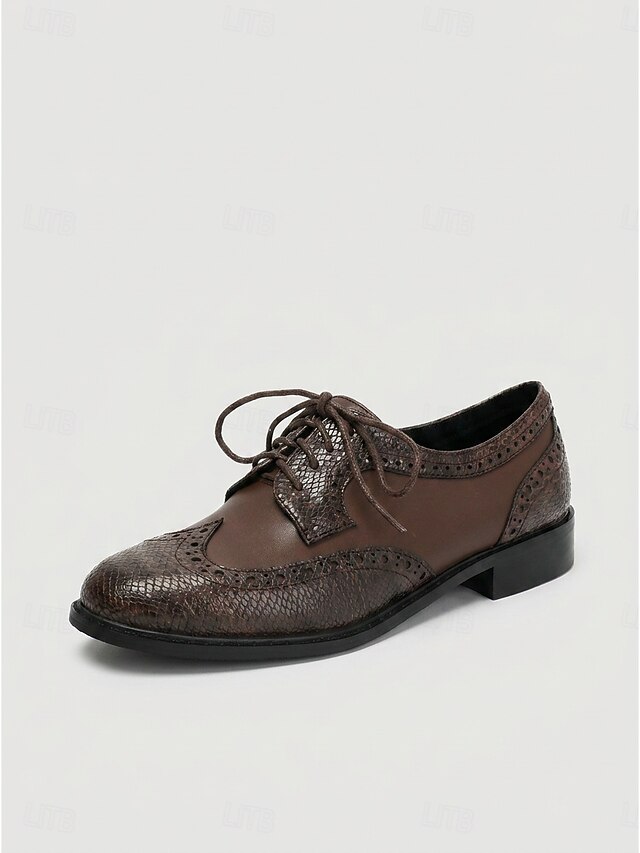 Women's Brown Mesh Oxford Shoes, Vintage Wingtip Lace-Up Low Heel Flats ...