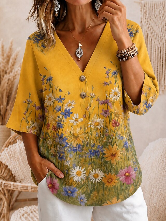 Women's Blouse Buttons Floral Graphic Elegant Vacation Daily 3/4 Length ...