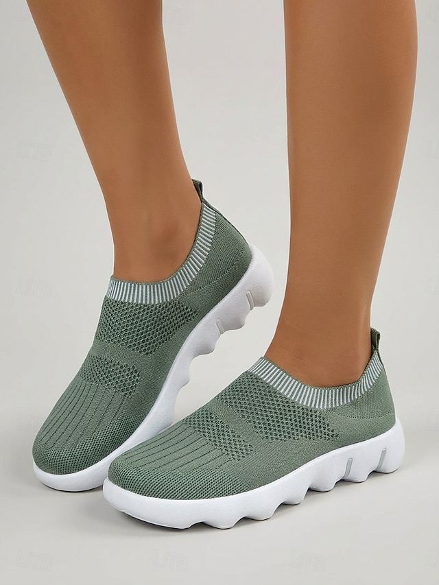 Women's Green Breathable Fly Knit Slip On Walking Shoes - Lightweight ...