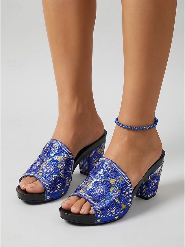 Women's Blue Rhinestone High Heels - Elegant Old Money Block Heel ...