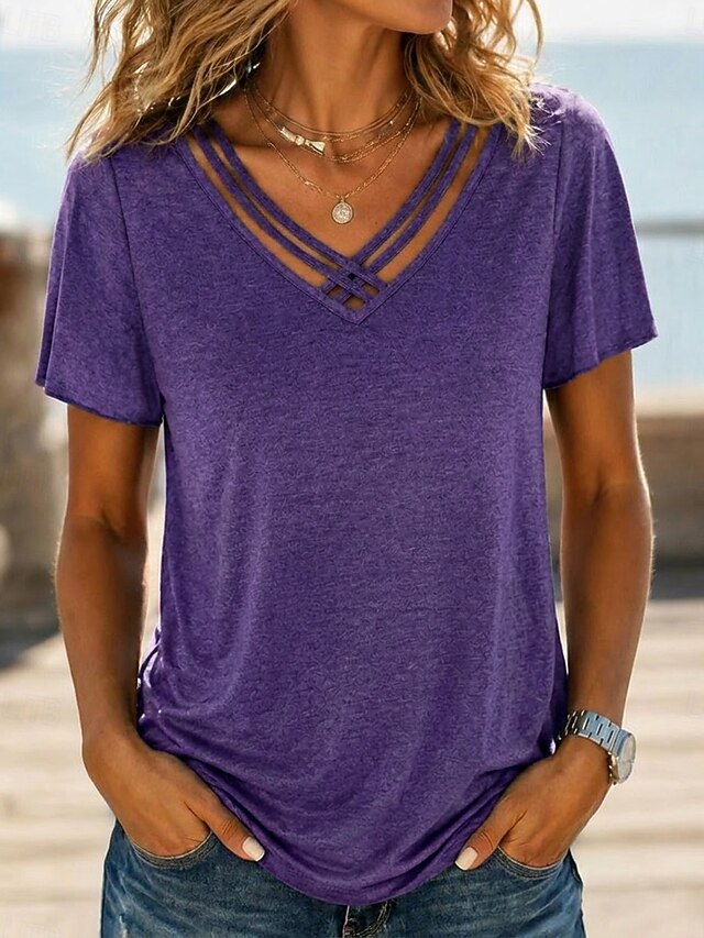 Women's Summer Tops Solid Color Casual Short Sleeve V Neck Long Tops ...
