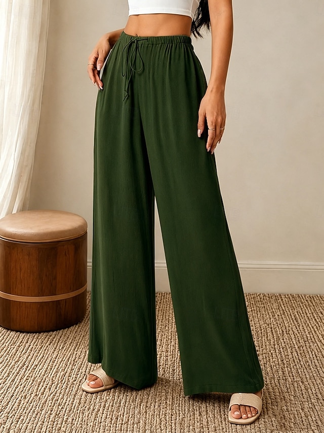 Women's Wide Leg Casual Pants Elegant Full Length High Waist Plain ...