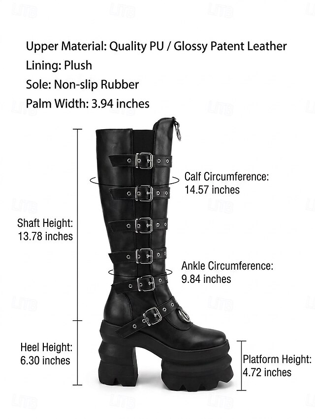 Women's Black Patent Leather Knee High Boots - Goth Multi-Buckle ...