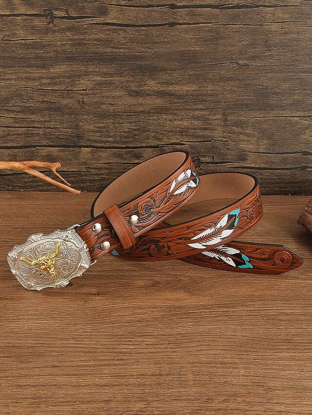 Men's Embossed Faux Leather Western Cowboy Belt with Bull Head Buckle ...
