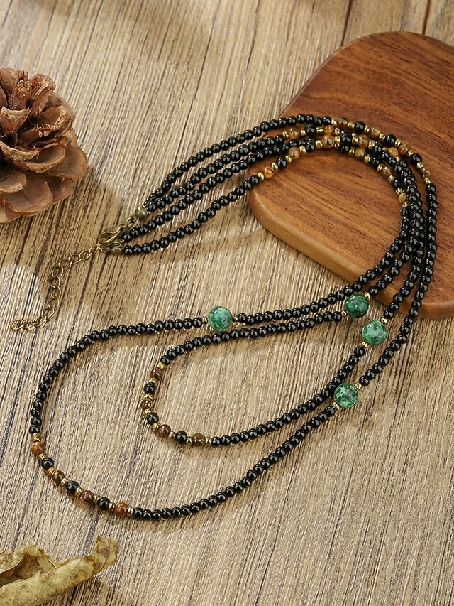 Men's Double Layer Natural Black Agate Beaded Necklace, Bohemian ...