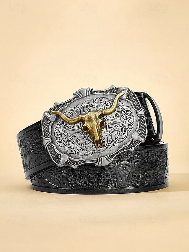 Men's Western Cowboy Belt, Vintage Embossed Faux Leather Belt for Men ...