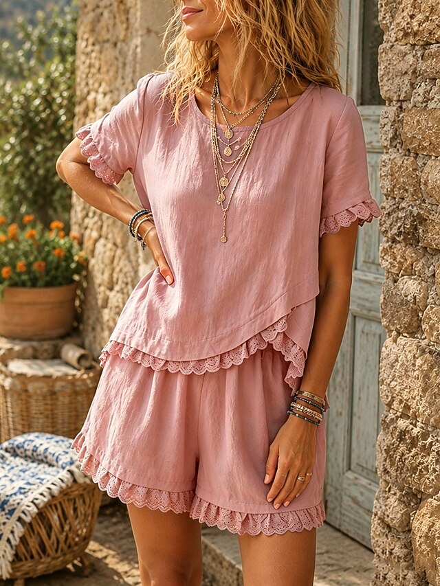 Women's Cotton Linen Sets Two Piece Sets Short Sleeve Round Neck Lace ...