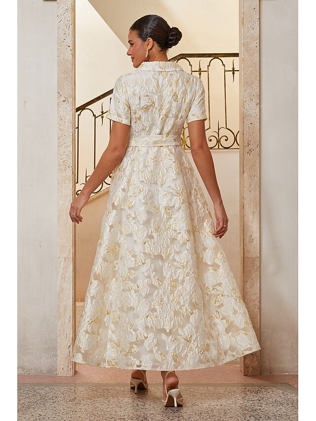 Women's A-Line Floor Length Lapel Short Sleeve Elegant Vintage Formal ...