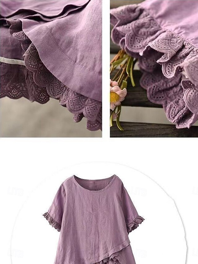 Women's Cotton Linen Sets Two Piece Sets Short Sleeve Round Neck Lace ...