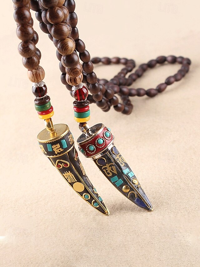 Men's Bohemian Crescent Horn Pendant Necklace Long Wooden Bead Chain ...