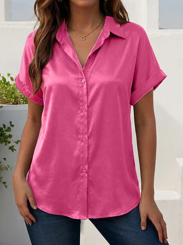 Women's Satin Shirt Solid Color Elegant Daily Stylish Short Sleeve Long ...