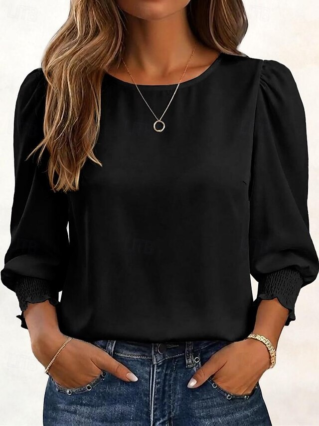 Women's Shirt Pullover Ruched Plain Elegant Stylish Casual Long Sleeve ...