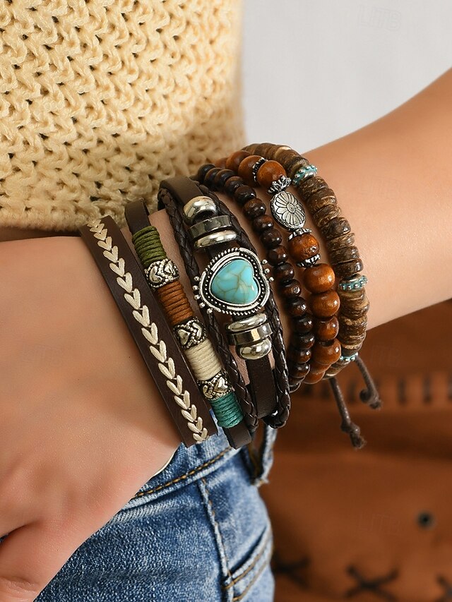 Men's Bohemian Bracelet Set, Vintage Leather and Wood Bead Layered ...