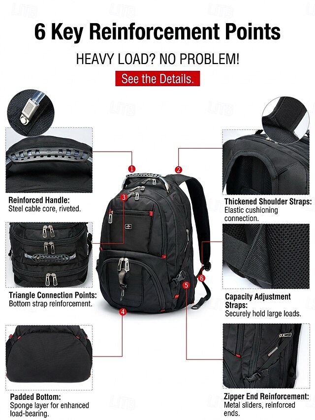 Men's Black Tactical Laptop Backpack, Large Capacity Multi-Pocket ...