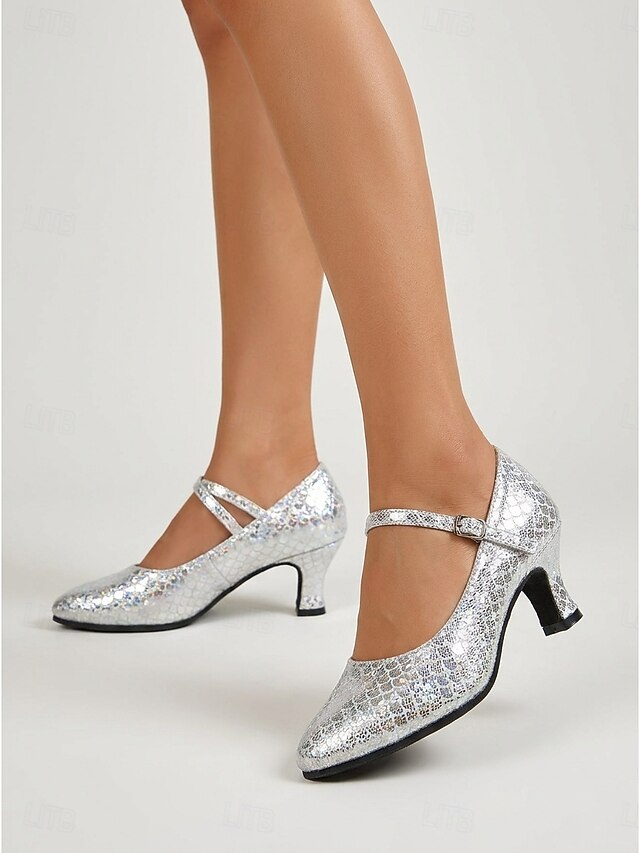 Women's 1920s Gatsby Shoes - Metallic Silver Glitter Mary Jane Mid ...