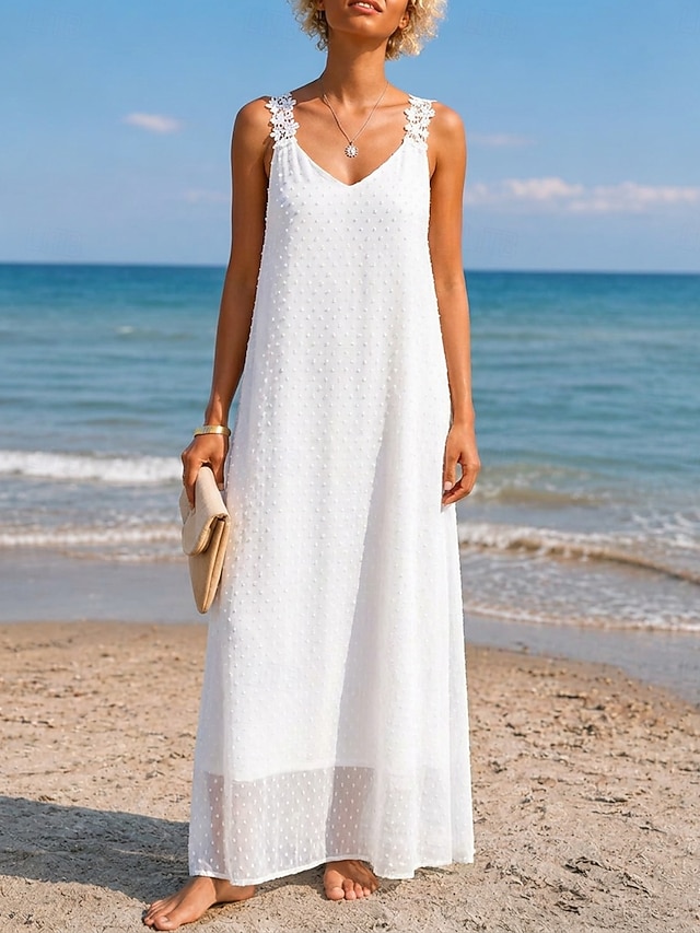 Women's Maxi Dress Lace Dress Vacation Beach Loose Fit Pure Color ...