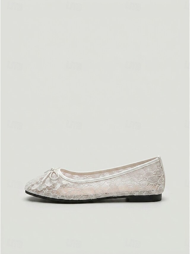 Women's White Mesh Ballet Flats - Lace Sheer Bowknot Flat Shoes for ...