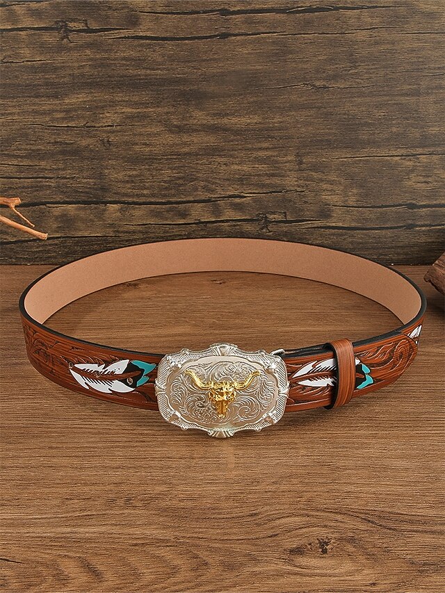Men's Embossed Faux Leather Western Cowboy Belt with Bull Head Buckle ...