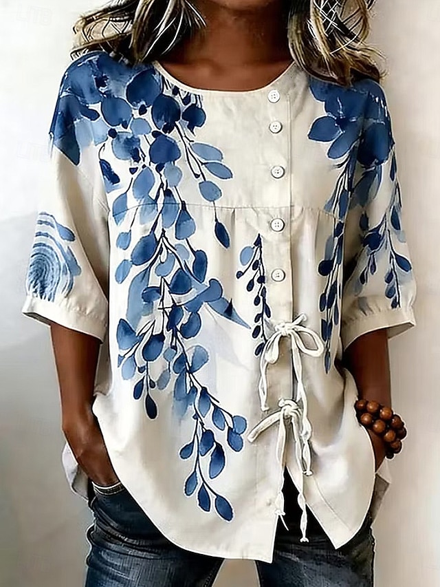 Women's Blouse Drawstring Patchwork Buttons Floral Graphic Elegant ...