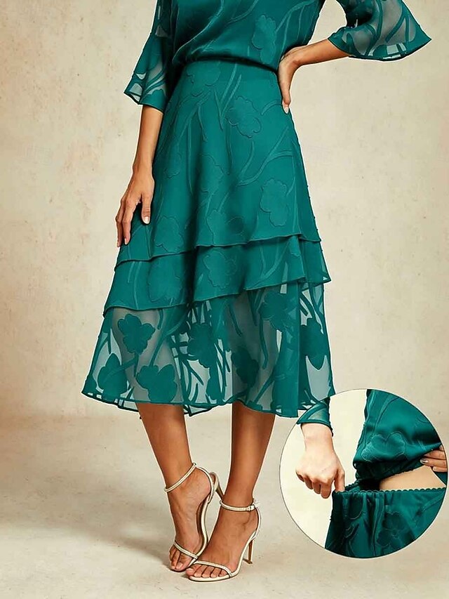 Women's Chiffon Skirt Elegant Midi Mid Waist Skirts Layered Elastic ...