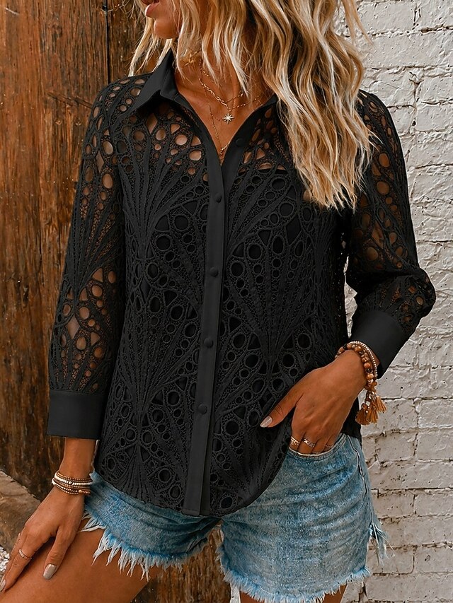 Women's Eyelet Top Texture Cut Out Elegant Long Sleeve Shirt Collar ...