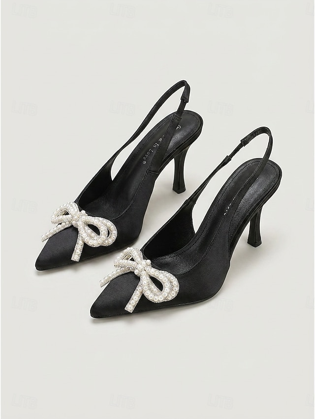 Women's Black Satin Pointed Toe Pumps - Pearl Bow Knot Slingback Heels ...