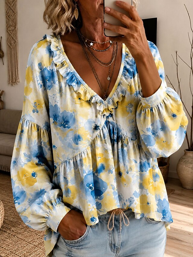 Women's Shirt Tunic Ruffle Floral Graphic Elegant Fashion Daily Long ...