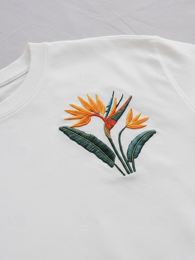 Women's 100% Cotton Embroidered Plants T Shirt Summer Tops Elegant ...