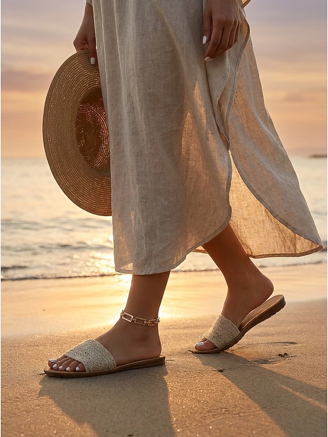 Women's Beige Woven Slide Sandals - Casual Open Toe Flat Espadrille ...