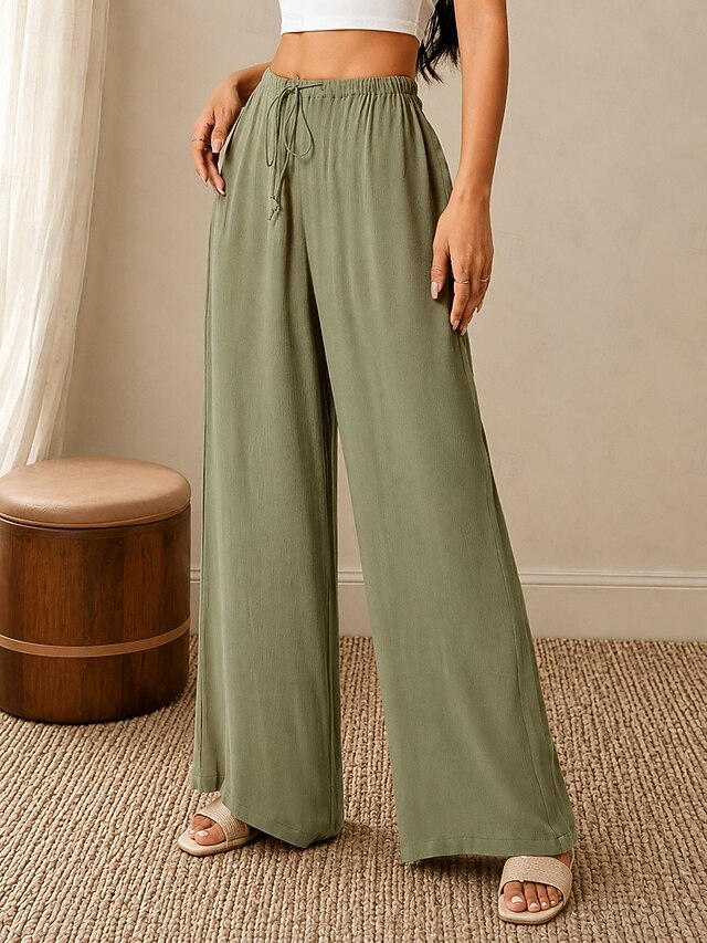 Women's Wide Leg Casual Pants Elegant Full Length High Waist Plain ...