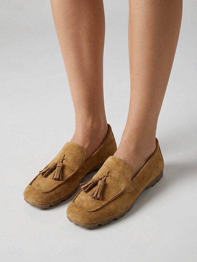 Women's Camel Faux Suede Tassel Loafers – Classic Square Toe Slip-On ...