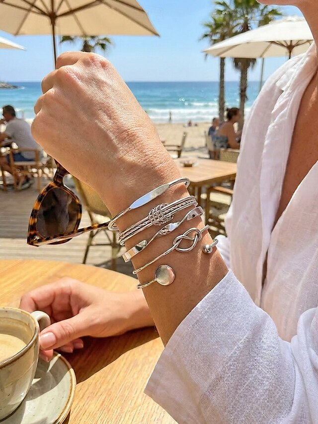 Women's Gold Silver Bohemian Layered Open Bangle Bracelet Set, Alloy ...