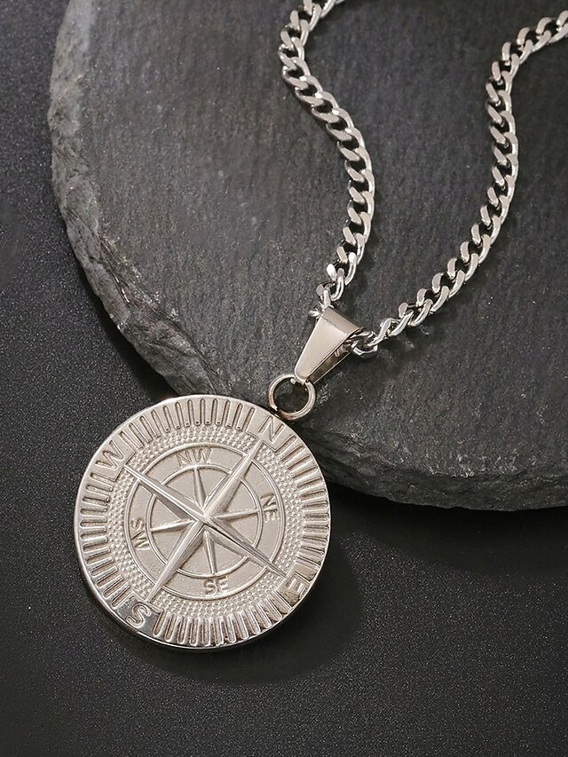 Men's Viking Compass Pendant Necklace, Stainless Steel Curb Chain for ...