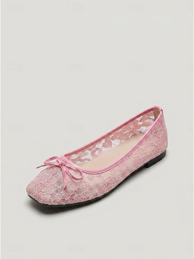 Women's White Mesh Ballet Flats - Lace Sheer Bowknot Flat Shoes for ...