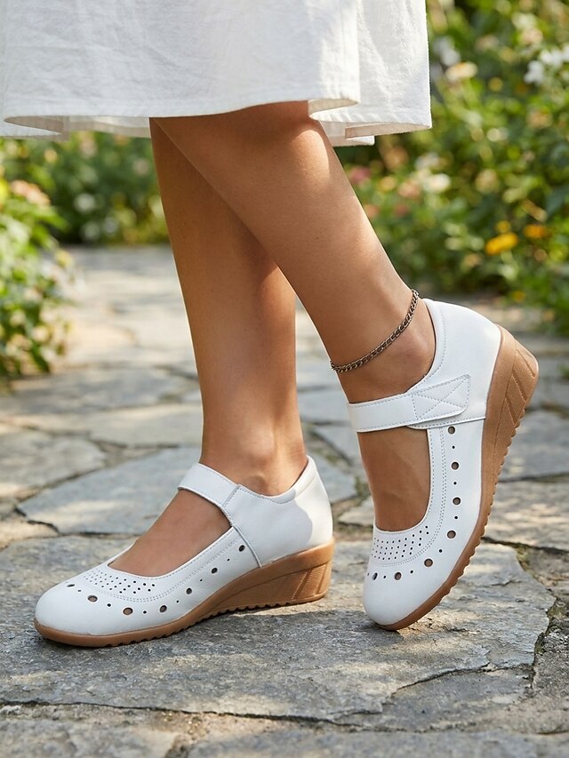 Women's Microbial Leather Mary Jane Shoes – Breathable Perforated ...