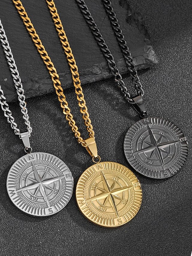 Men's Viking Compass Pendant Necklace, Stainless Steel Curb Chain for ...