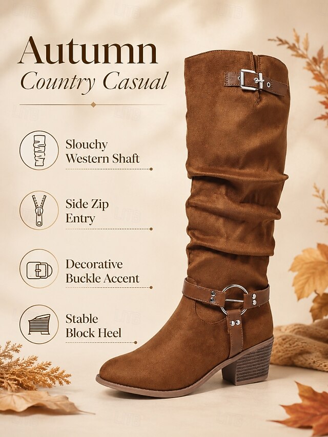 Women's Brown Faux Suede Knee Block Heel High Slouchy Boots, Metal ...