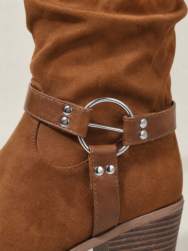 Women's Brown Faux Suede Knee Block Heel High Slouchy Boots, Metal ...